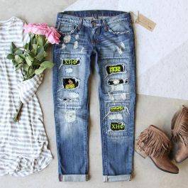 Fashion Retro Ripped Print Jeans