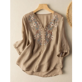 Embroidered V Neck 3/4 Sleeve Casual Linen Top