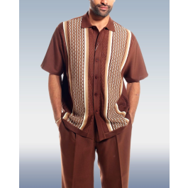 Brown Criss Cross Pattern Walking Suit Short Sleeve Set