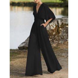 Simple Solid Color V-Neck Half Sleeves Wide Leg Jumpsuits