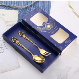 2 pieces/box Retro Hollow Embossed Dessert Spoon and Fork Set Carved ...