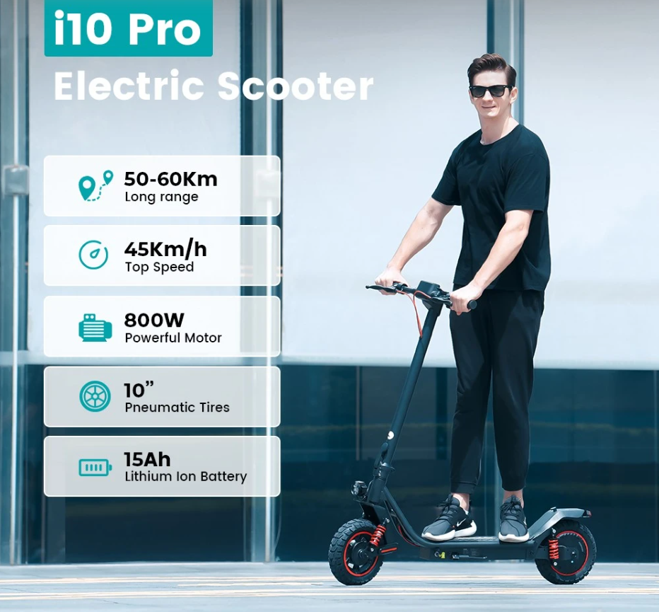 Scooter i10 Pro Electric Scooter, 800W Motor, 48V 15Ah Battery, 10-inch ...